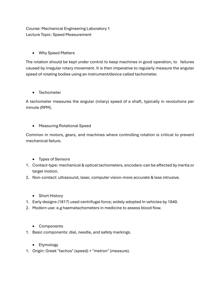 Mechanical Engineering Lab: Speed Measurement