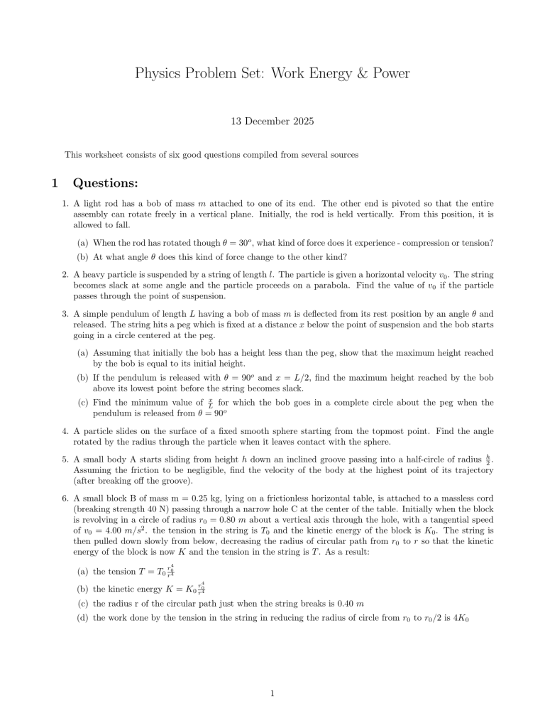 Physics Problem Set: Work, Energy & Power
