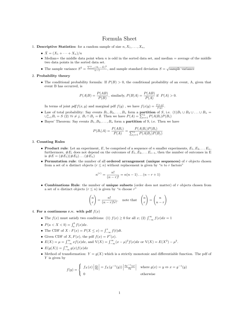 Hoja de Fórmulas de Matemáticas: Estadística y Probabilidad