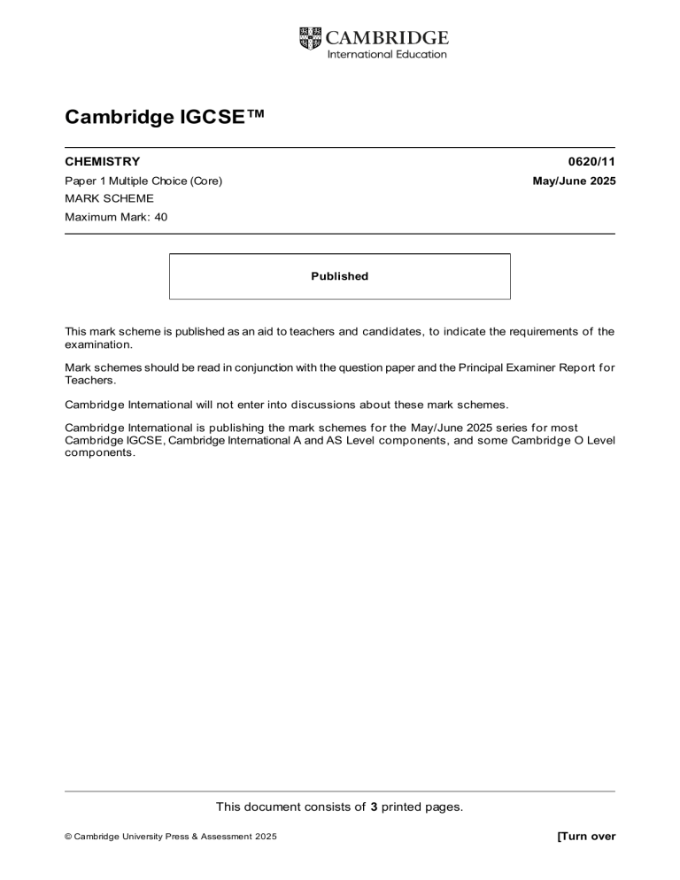 Cambridge IGCSE Chemistry 0620/11 Mark Scheme May/June 2025