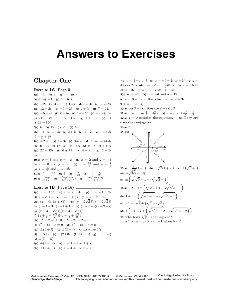 Answers to Exercises: Mathematics Extension 2 Year 12