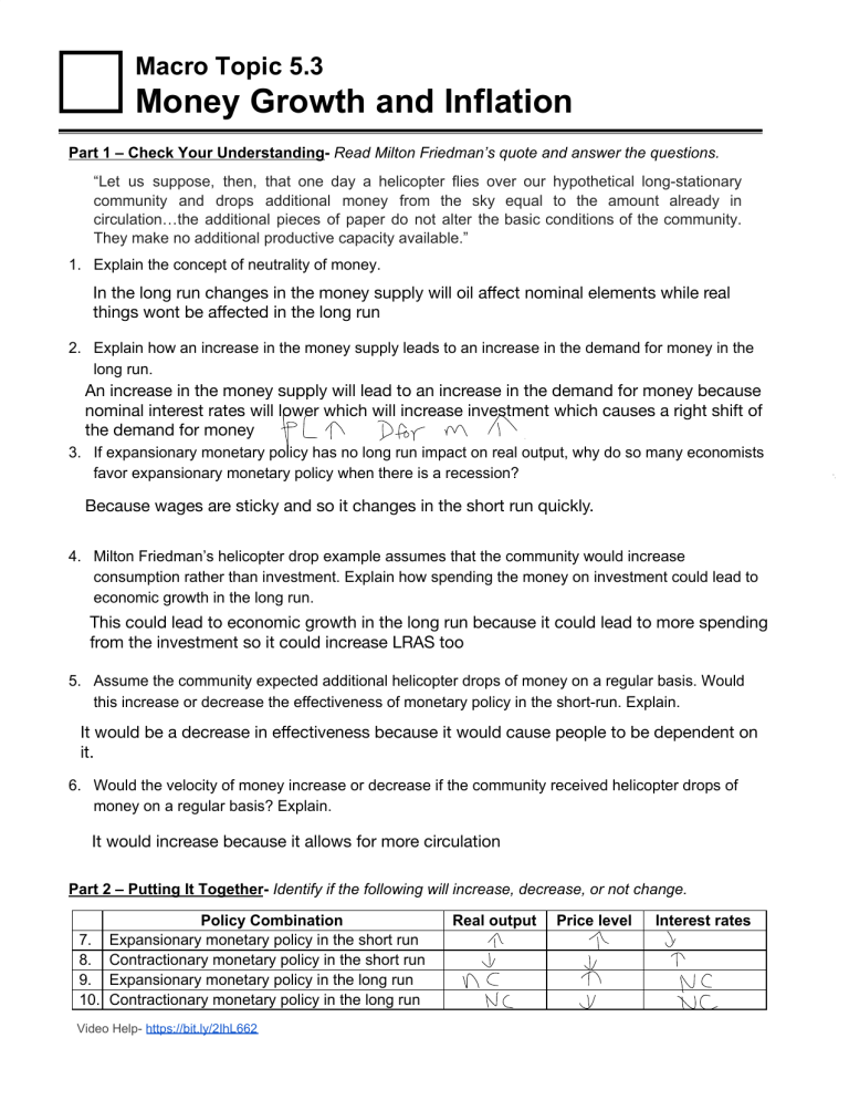 Money Growth & Inflation Worksheet