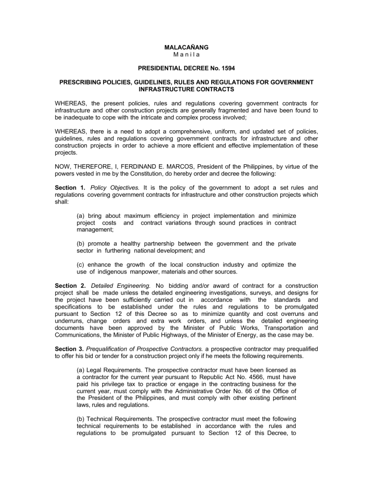 Philippine PD 1594: Government Infra Contracts