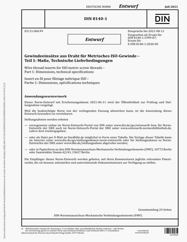 DIN 8140-1-2021 Wire thread inserts. Dimensions, technical specifications