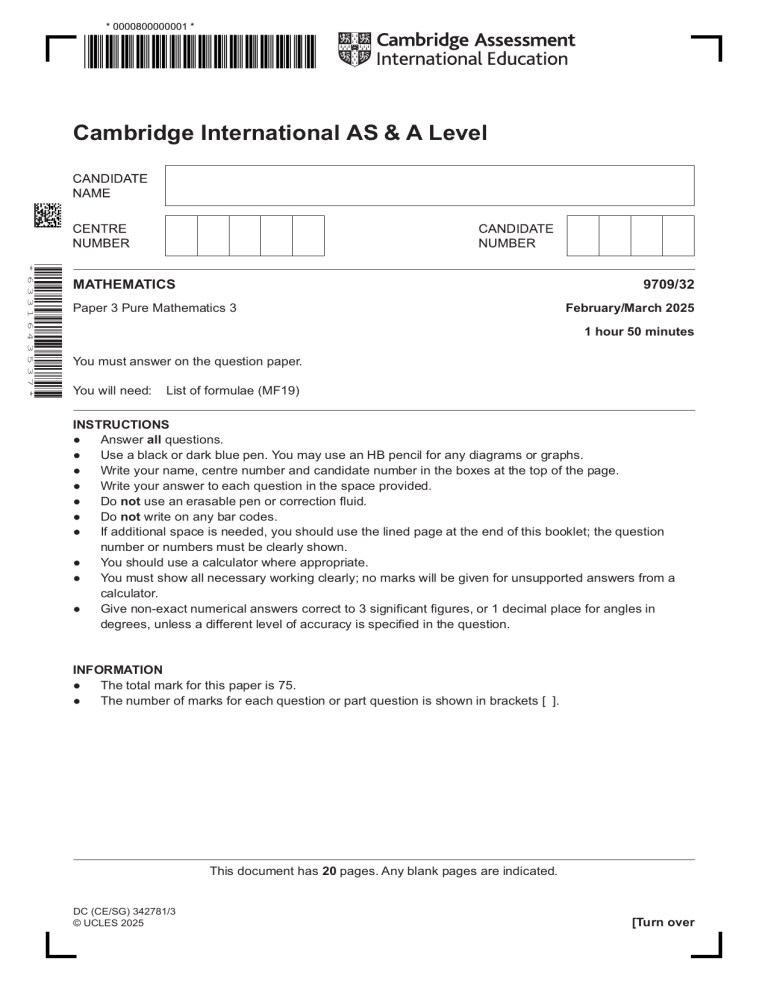 Cambridge AS & A Level Maths Paper 3 Pure Mathematics 3 2025