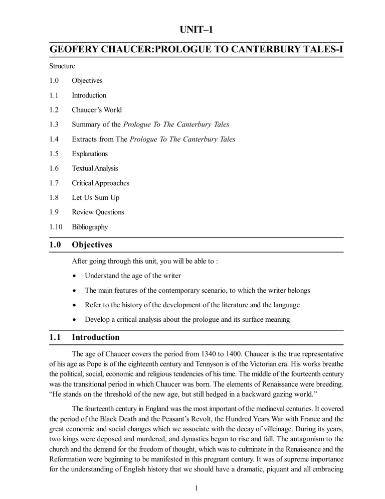 Geoffrey Chaucer: Prologue to Canterbury Tales Unit Analysis