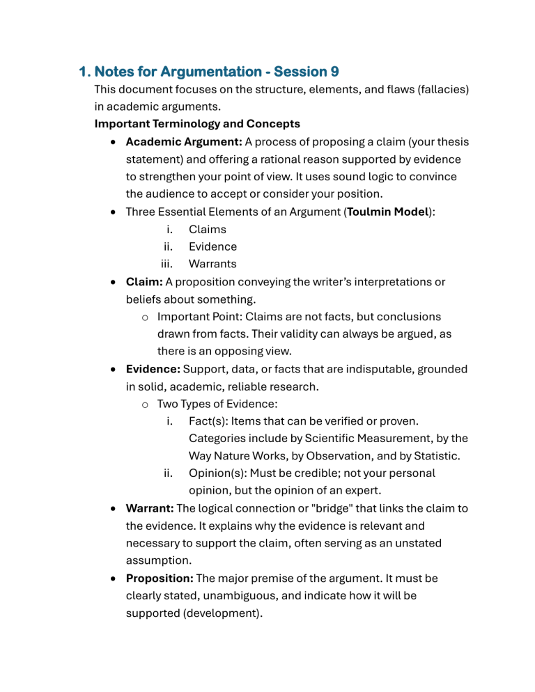 Notes for Argumentation - Session 9: Academic Arguments & Fallacies