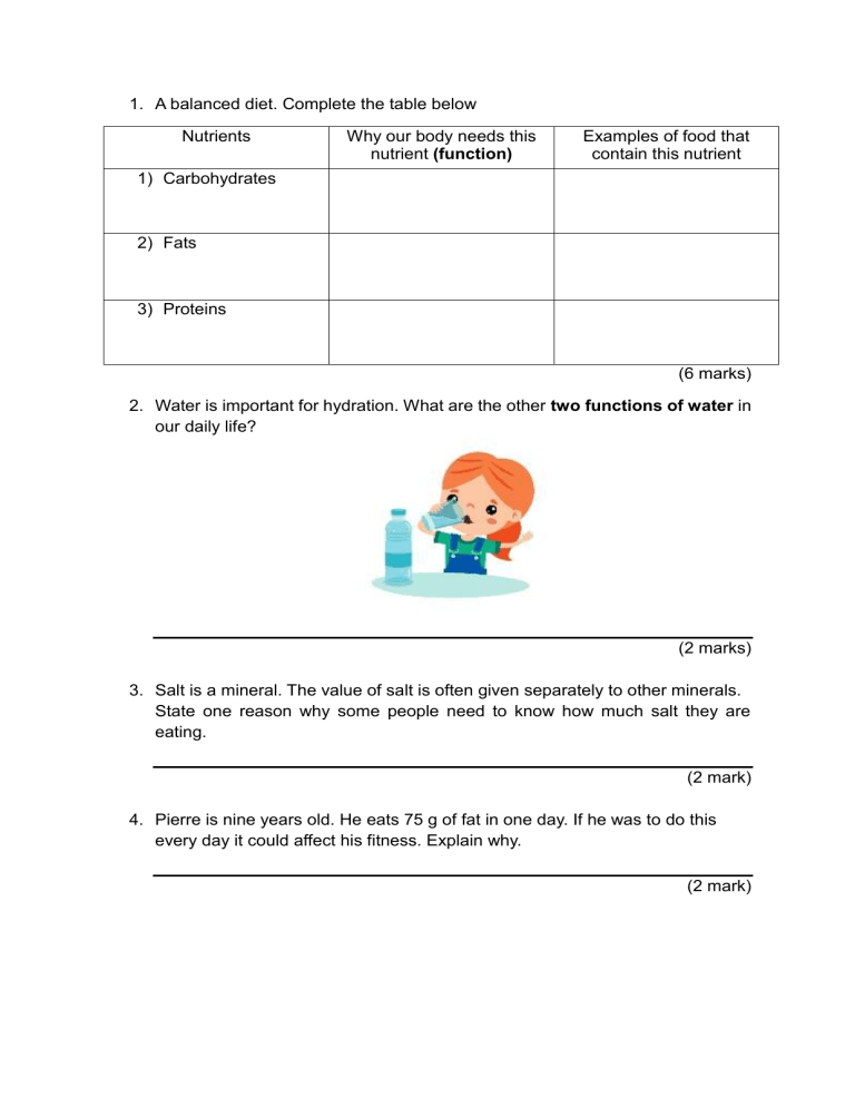 Balanced Diet Nutrition Worksheet Questions
