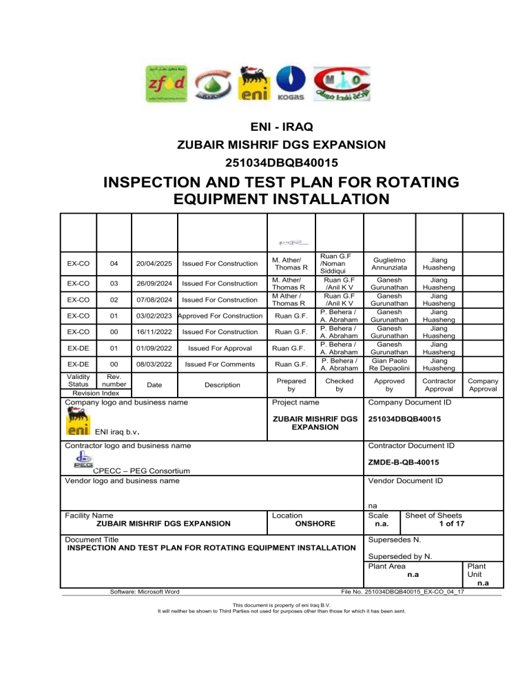 Inspection and Test Plan for Rotating Equipment Installation