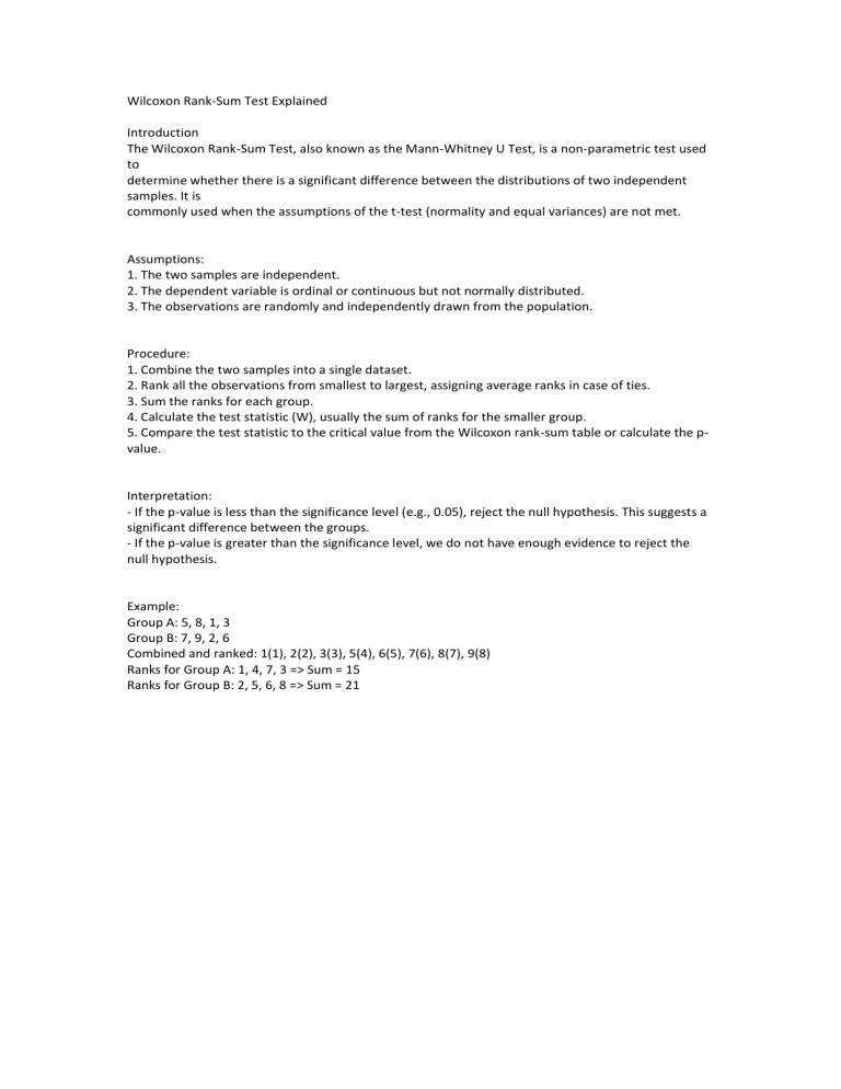 Wilcoxon Rank-Sum Test Explained