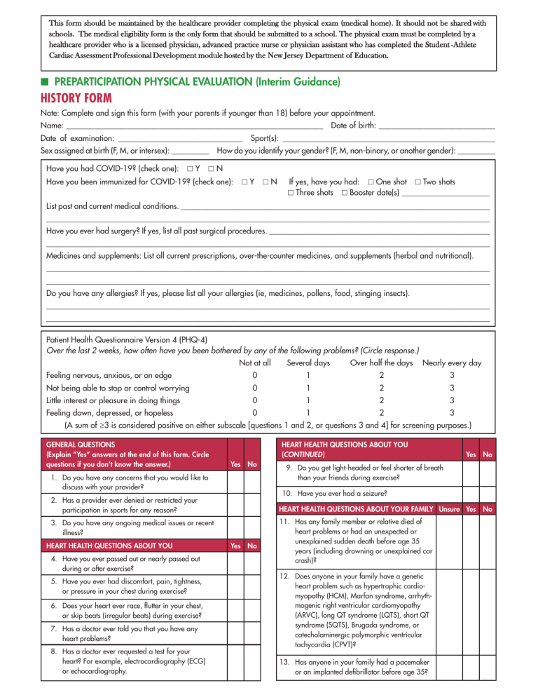 Student-Athlete Preparticipation Physical Evaluation History Form