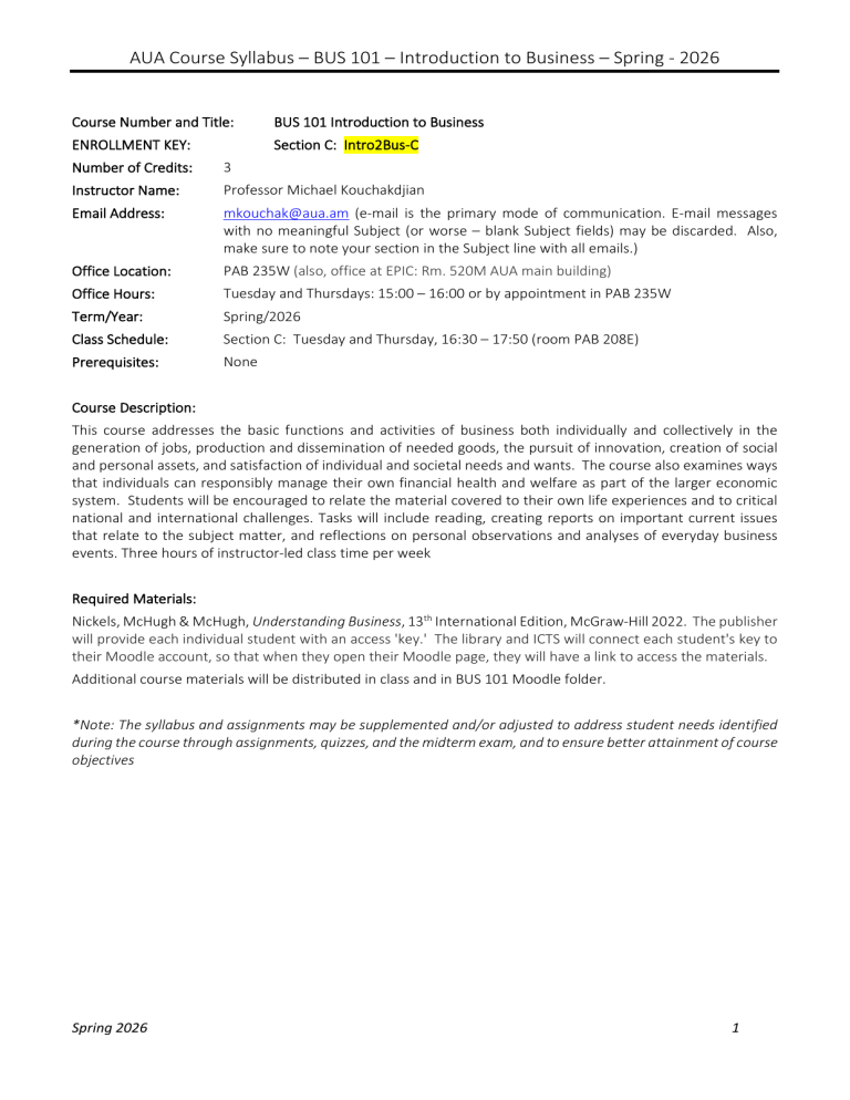 BUS 101 Introduction to Business Syllabus - Spring 2026