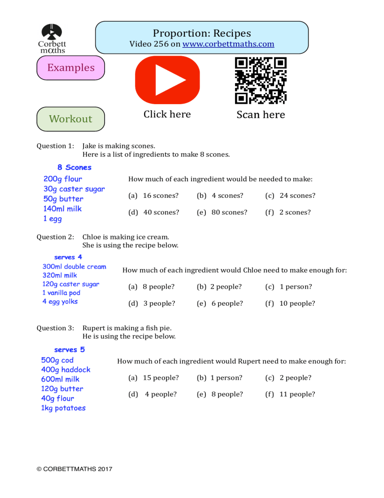 Proportion Recipes Math Worksheet Corbettmaths