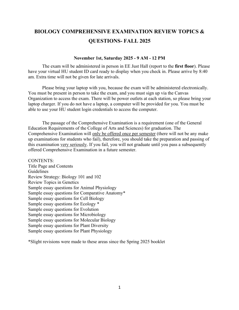 Biology Comprehensive Exam Review Fall 2025