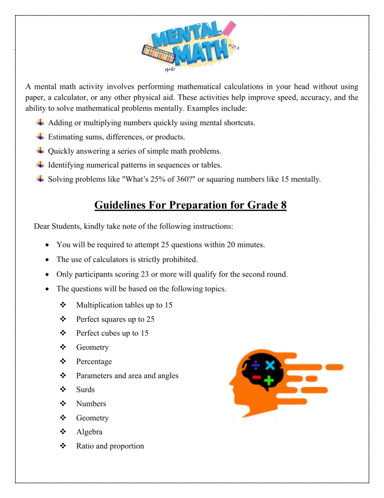Grade 8 Mental Maths Sample Paper