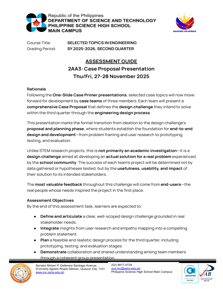 Engineering Case Proposal Presentation Assessment Guide