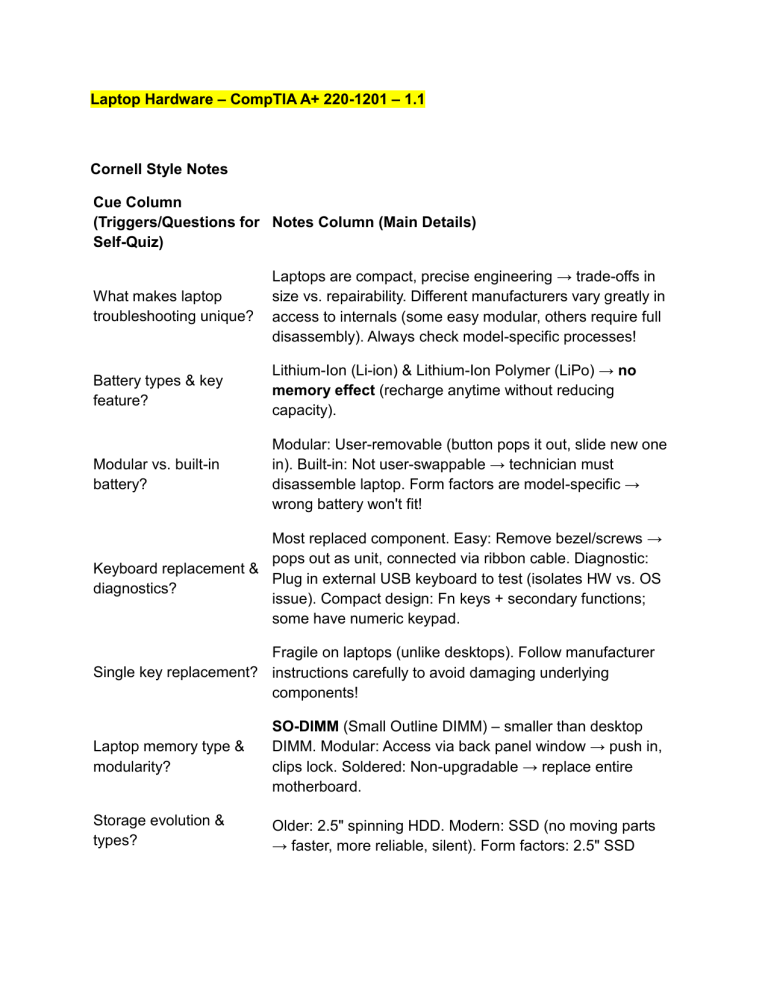 CompTIA A+ 220-1201 Laptop Hardware Study Guide