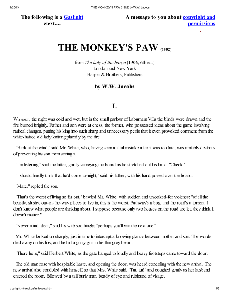 The Monkey's Paw by W.W. Jacobs (1902) Short Story
