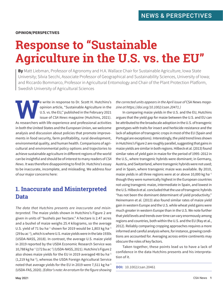 Response to Sustainable Agriculture US vs EU Article