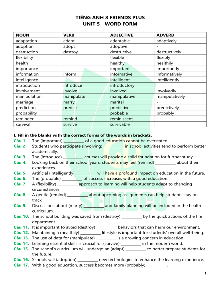 Grade 8 English: Unit 5 Word Form Exercises