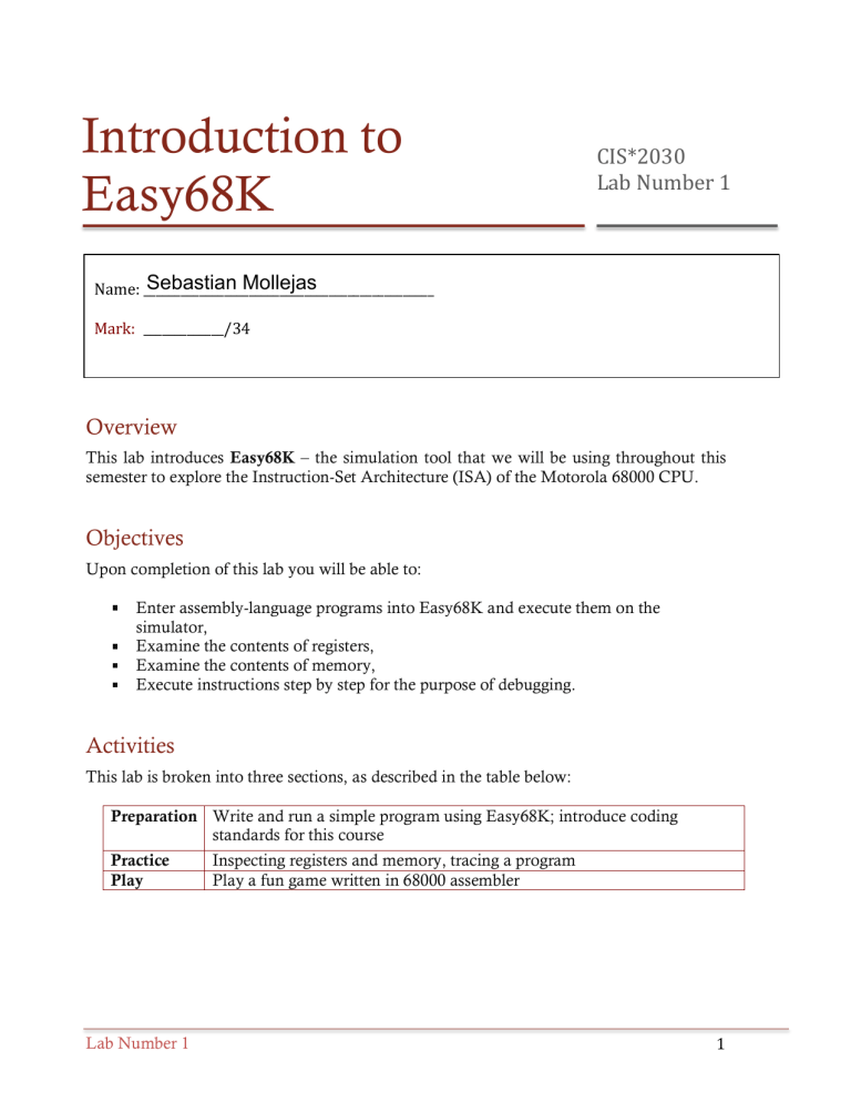 Introduction to Easy68K Lab 1: 68000 Assembly Programming