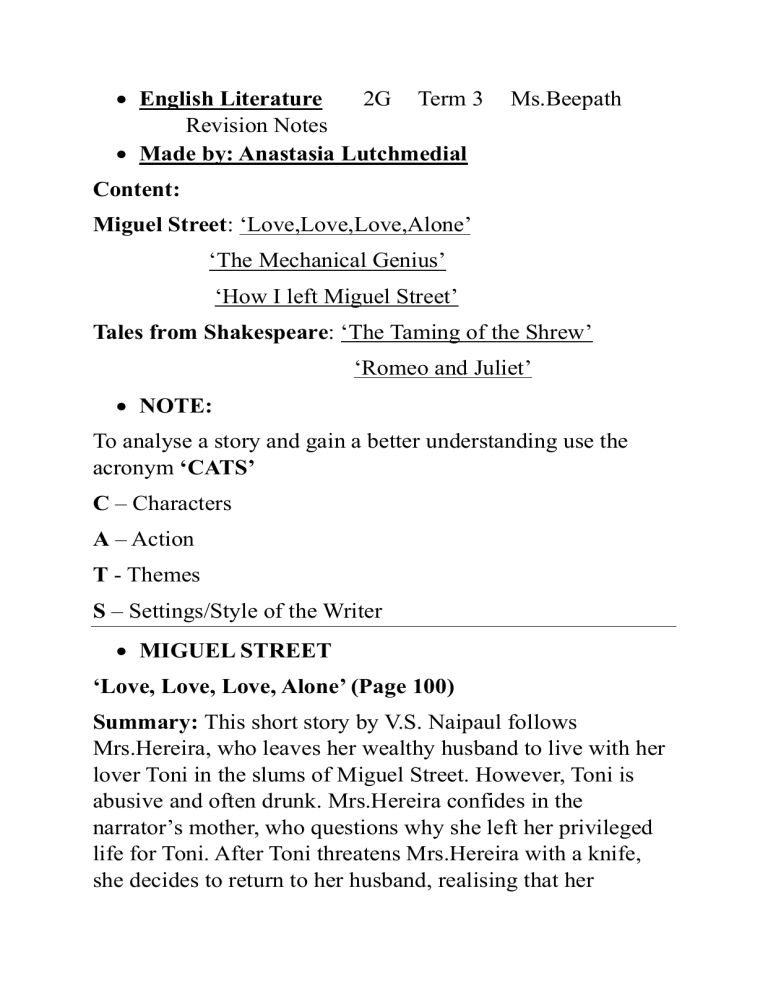 English Literature Revision Notes: Miguel Street & Shakespeare