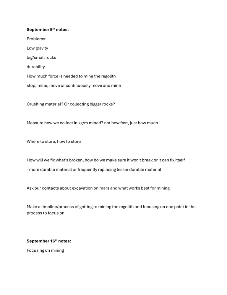 Regolith Mining Project Notes: Technical Planning