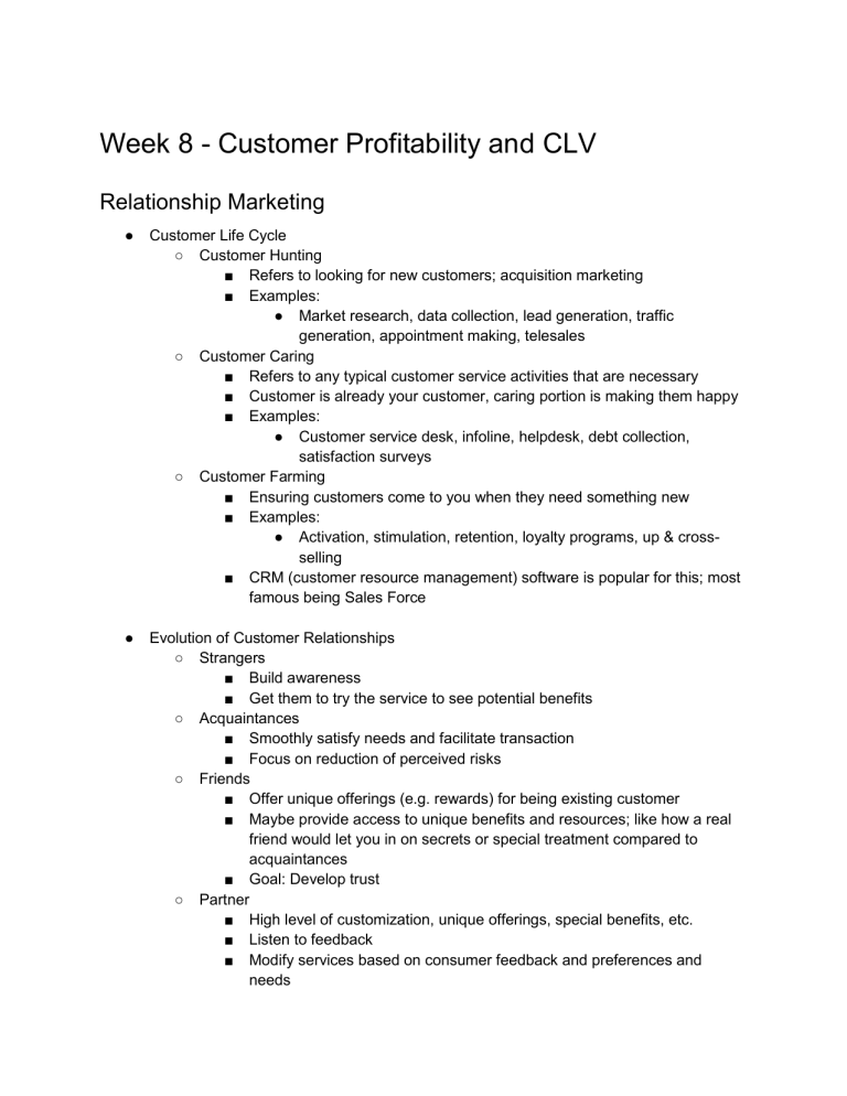 Week 8: Customer Profitability and CLV - Relationship Marketing