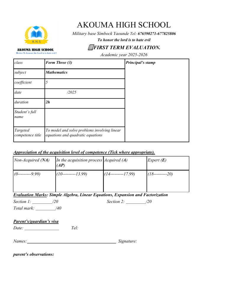 Akouma High School Form 3 Math First Term Evaluation