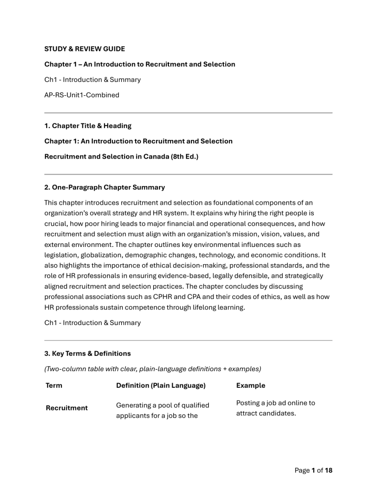 Chapter 1 Study Guide: Recruitment and Selection in Canada