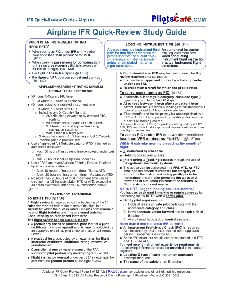 Airplane IFR Quick-Review Study Guide