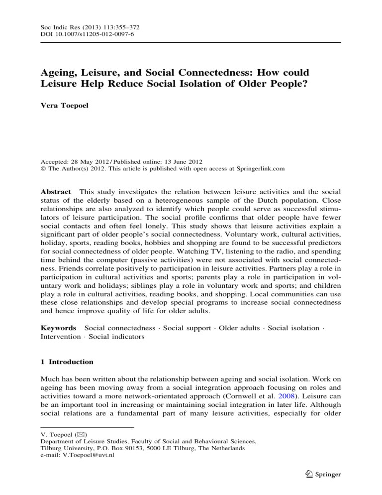 Ageing, Leisure, and Social Connectedness: How Leisure Reduces Social ...