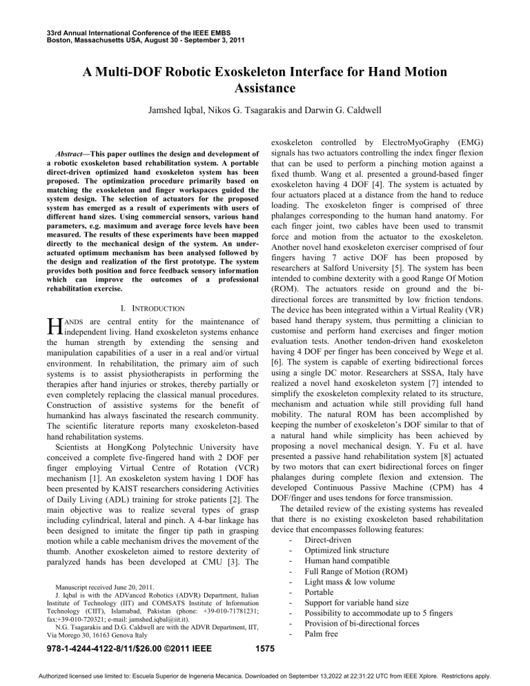 Multi-DOF Robotic Exoskeleton for Hand Motion Assistance