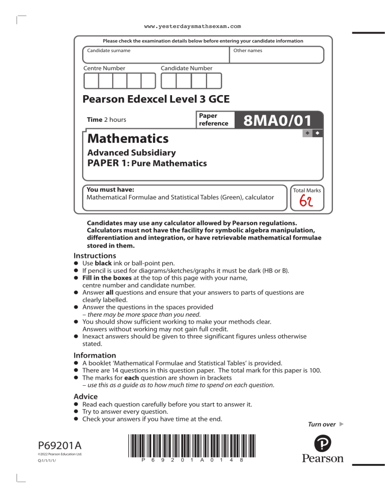Pearson Edexcel GCE Maths Pure Paper 1 Exam