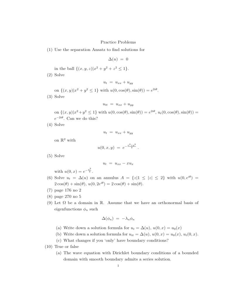 Practice Problems for Partial Differential Equations
