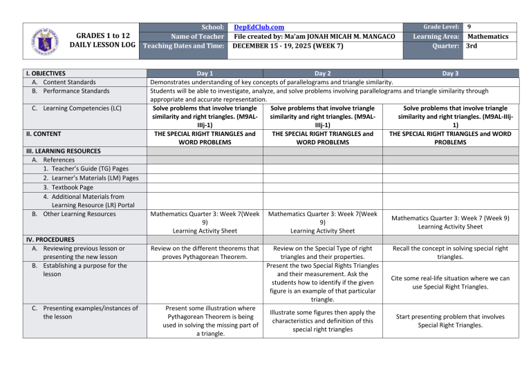 Grade 9 Math Daily Lesson Log: Special Right Triangles