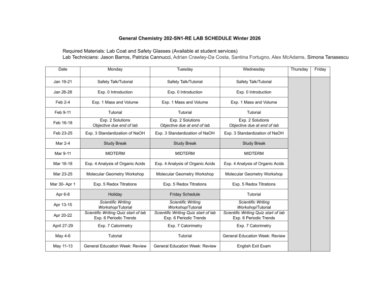 General Chemistry Lab Schedule Winter 2026