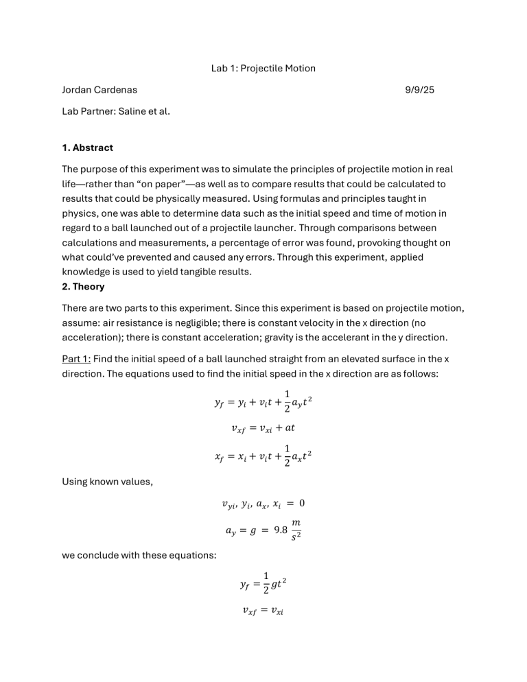 Physics Lab Report on Projectile Motion and Kinematics