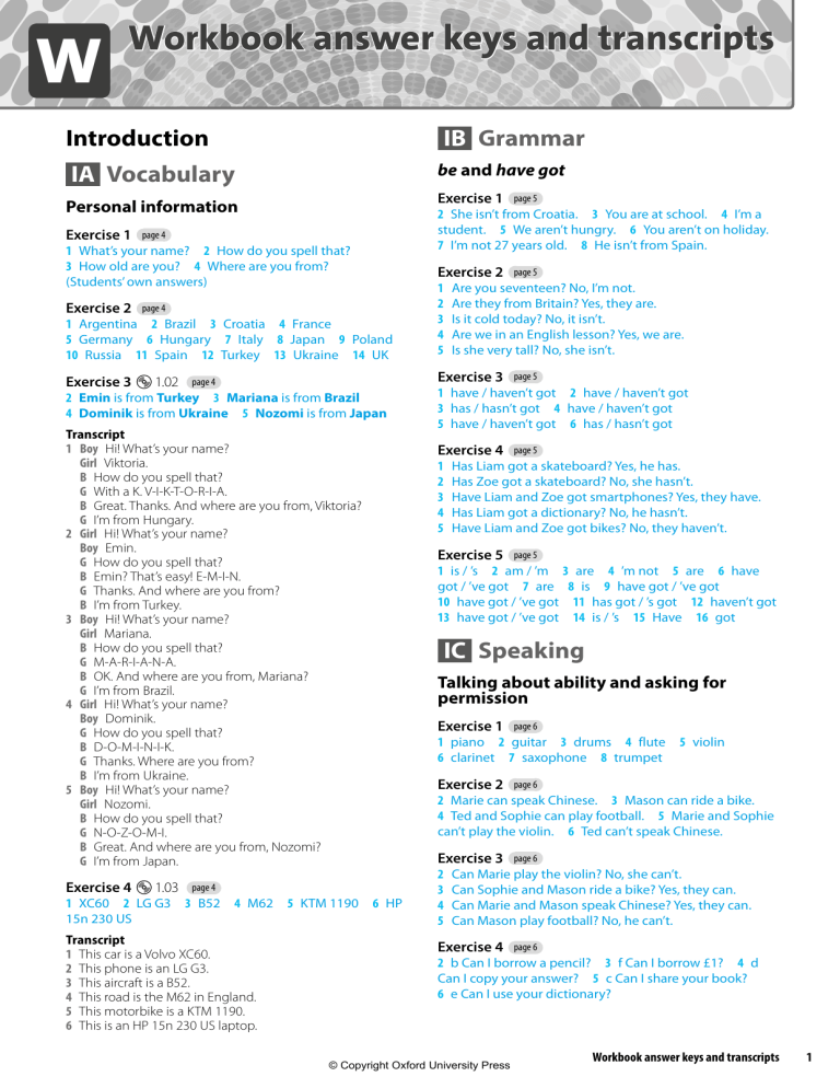 English Workbook Answers & Transcripts