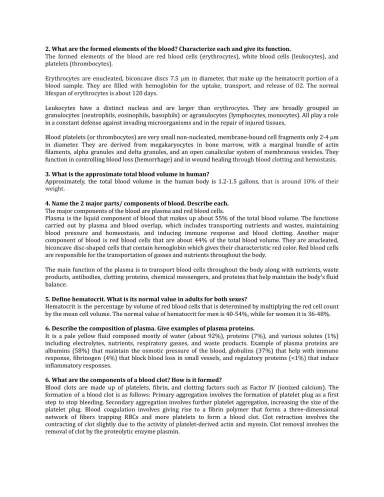 Blood Components: Formed Elements, Plasma, Hematocrit