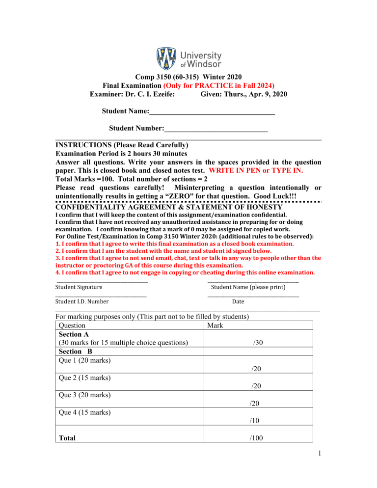 University of Windsor Comp 3150 Winter 2020 Final Exam