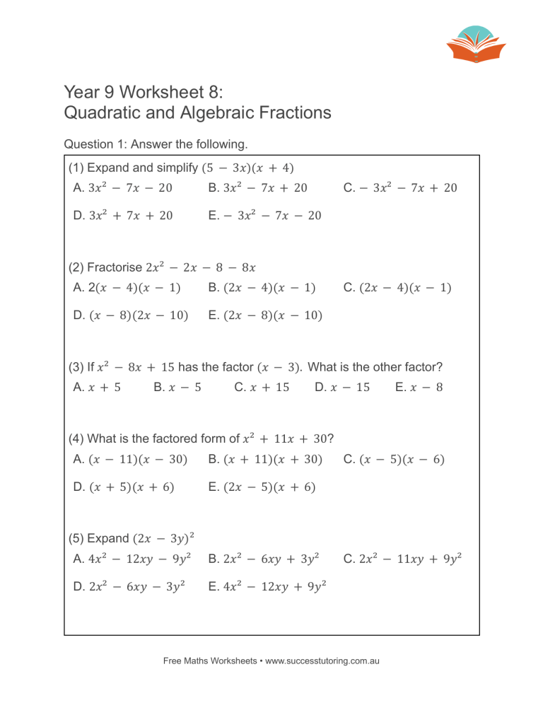 Year 9 Math Worksheet: Quadratics and Algebraic Fractions
