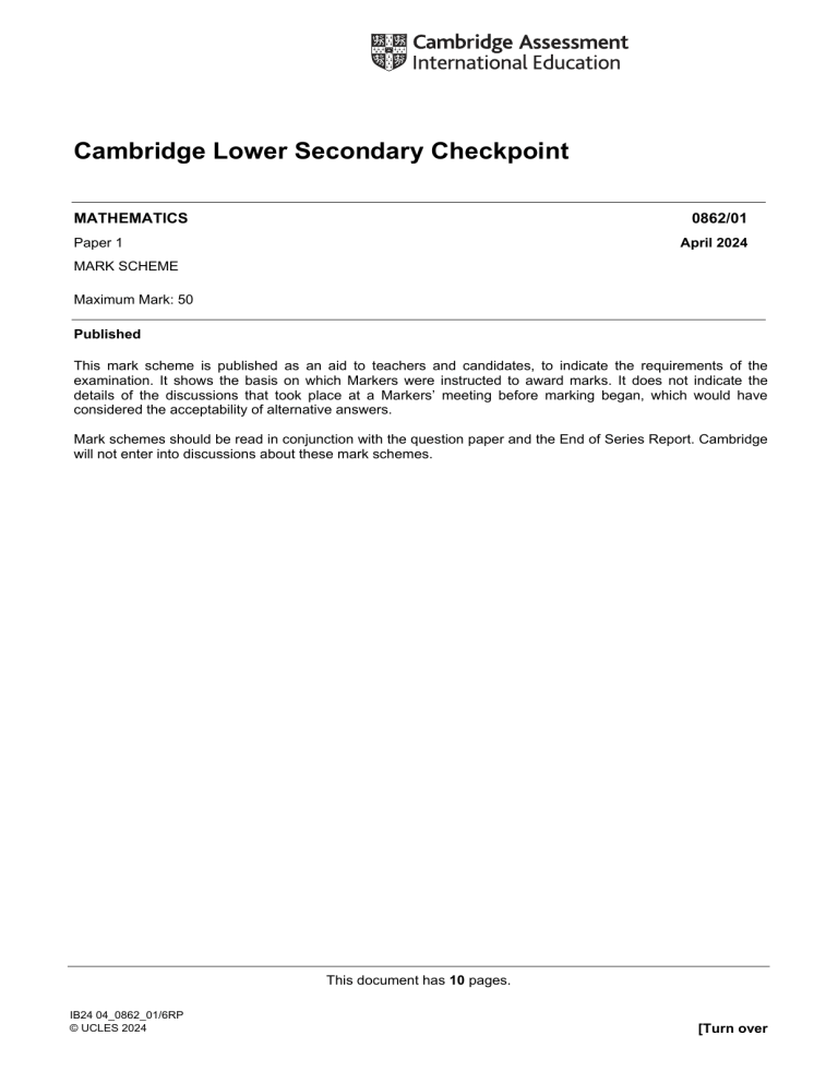 Cambridge Lower Secondary Checkpoint Math Paper 1 Mark Scheme