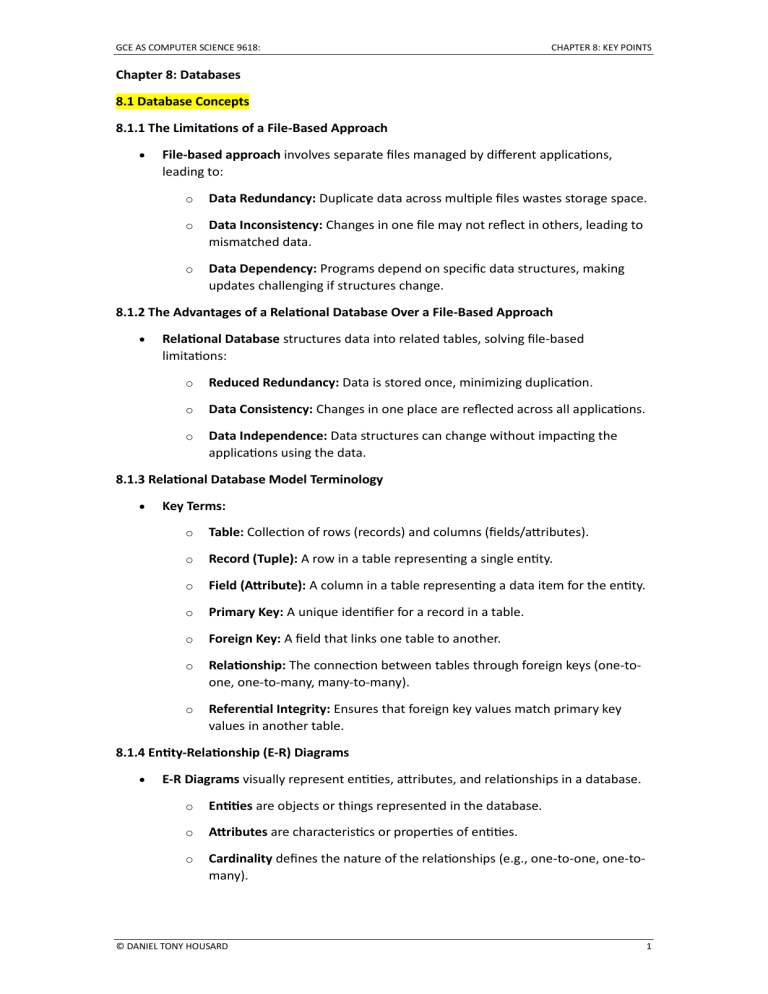 GCE AS Computer Science Chapter 8: Databases Key Points