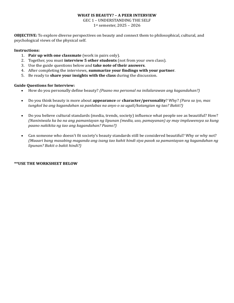 GEC 1 Peer Interview on Beauty Worksheet