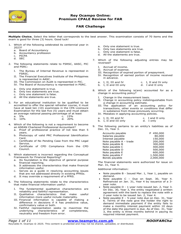 CPALE FAR Review Exam Questions
