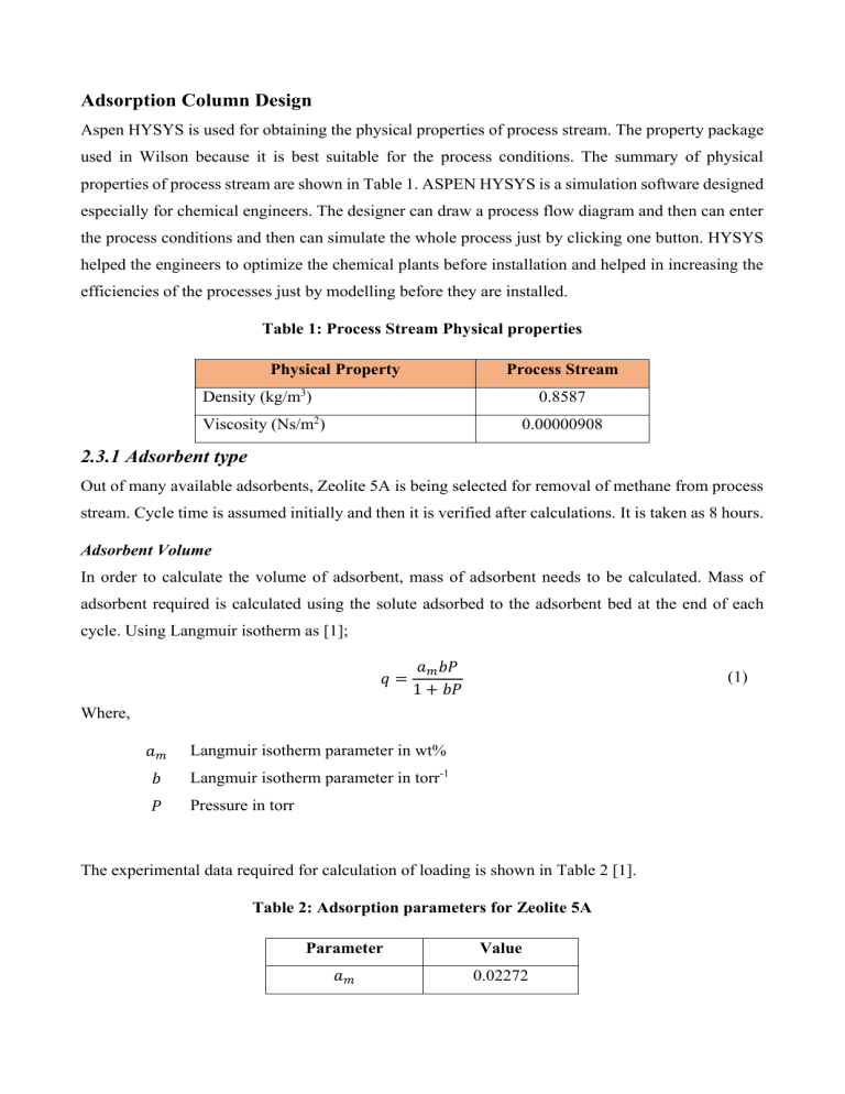 Adsorption Column Design for Methane Removal using Zeolite 5A