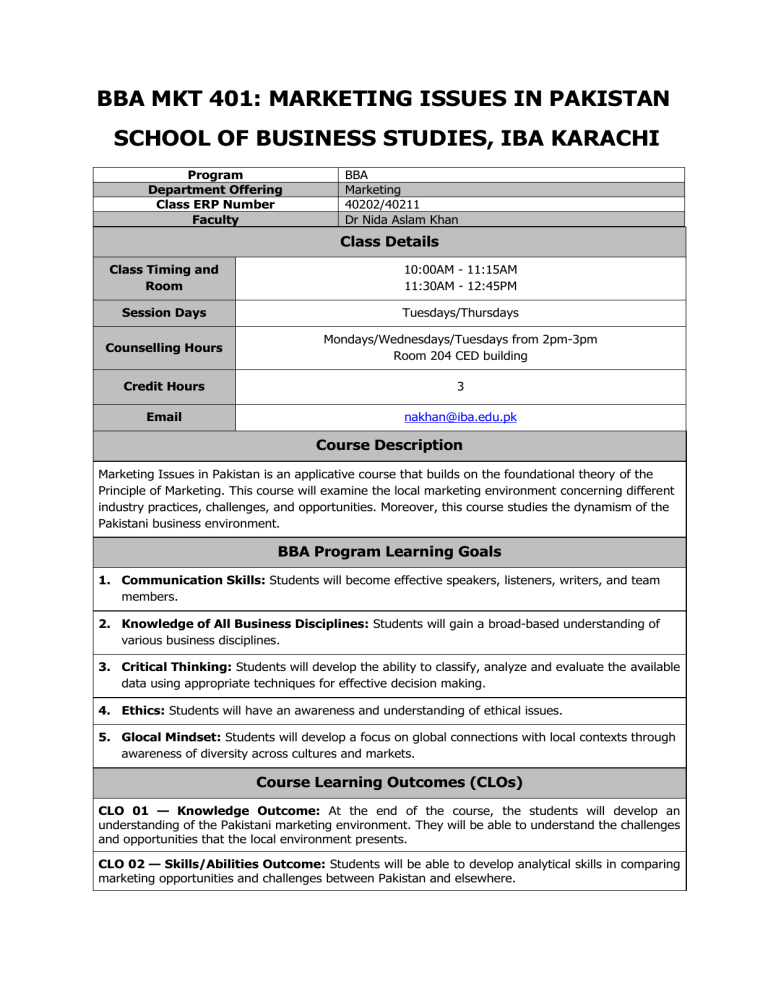BBA MKT 401: Marketing Issues in Pakistan Syllabus