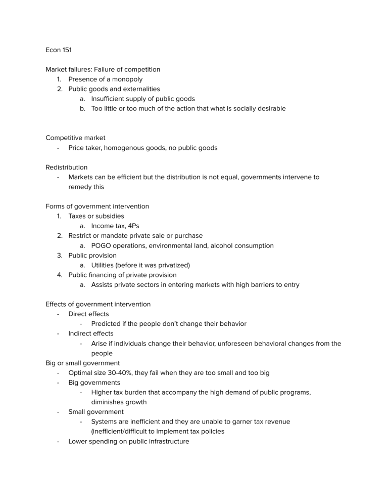 Econ 151: Market Failures & Public Economics
