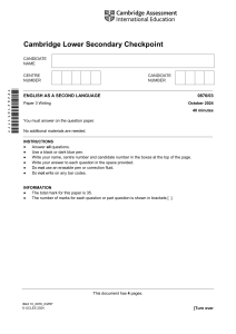 Cambridge Lower Secondary Checkpoint ESL Writing Exam Paper 2025